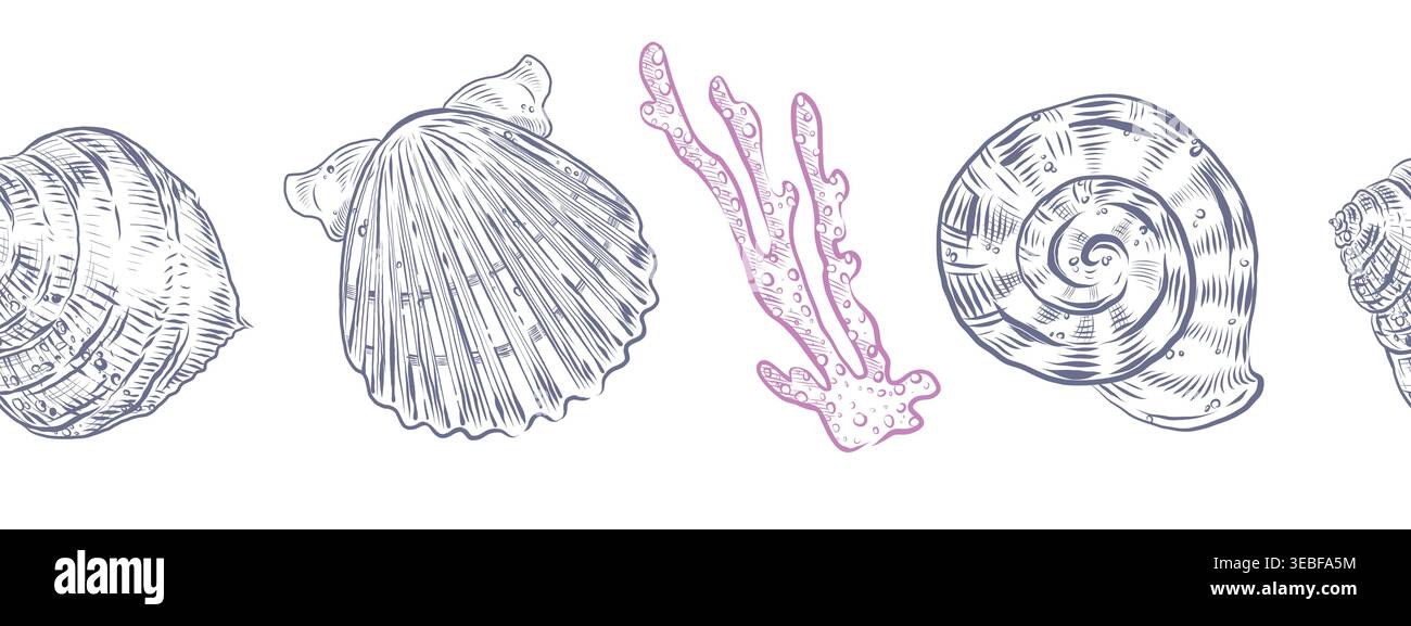 Seamless border of shells and corals. Hand-drawn ink illustrations of ...