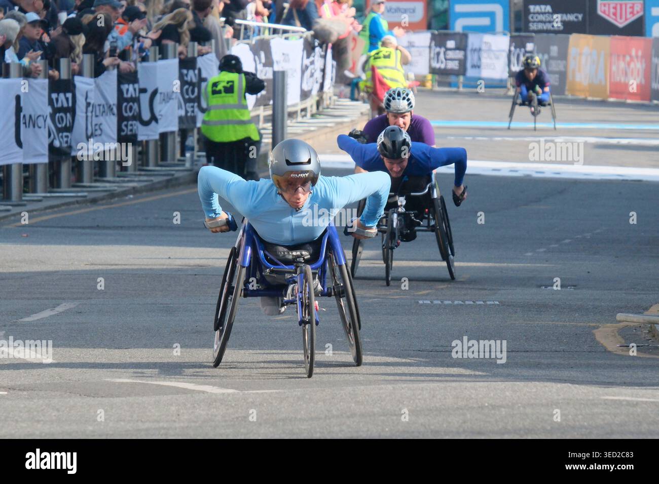 London, UK. 26 April 2026. London Marathon. Illias Zghoundi (GBR) leads ...