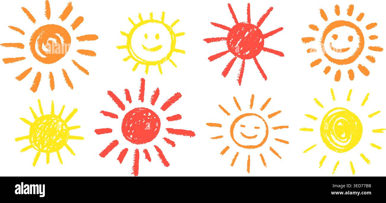 Crayon suns. Doodle sun, hand drawn child scribble yellow sketch summer ...