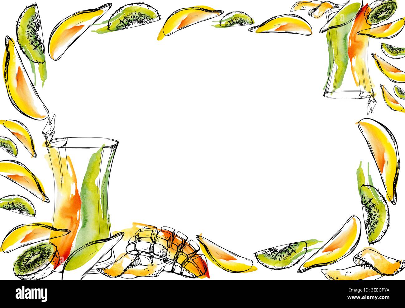 Frame of tropical smoothie glasses, exotic mango and kiwi fruit slices ...
