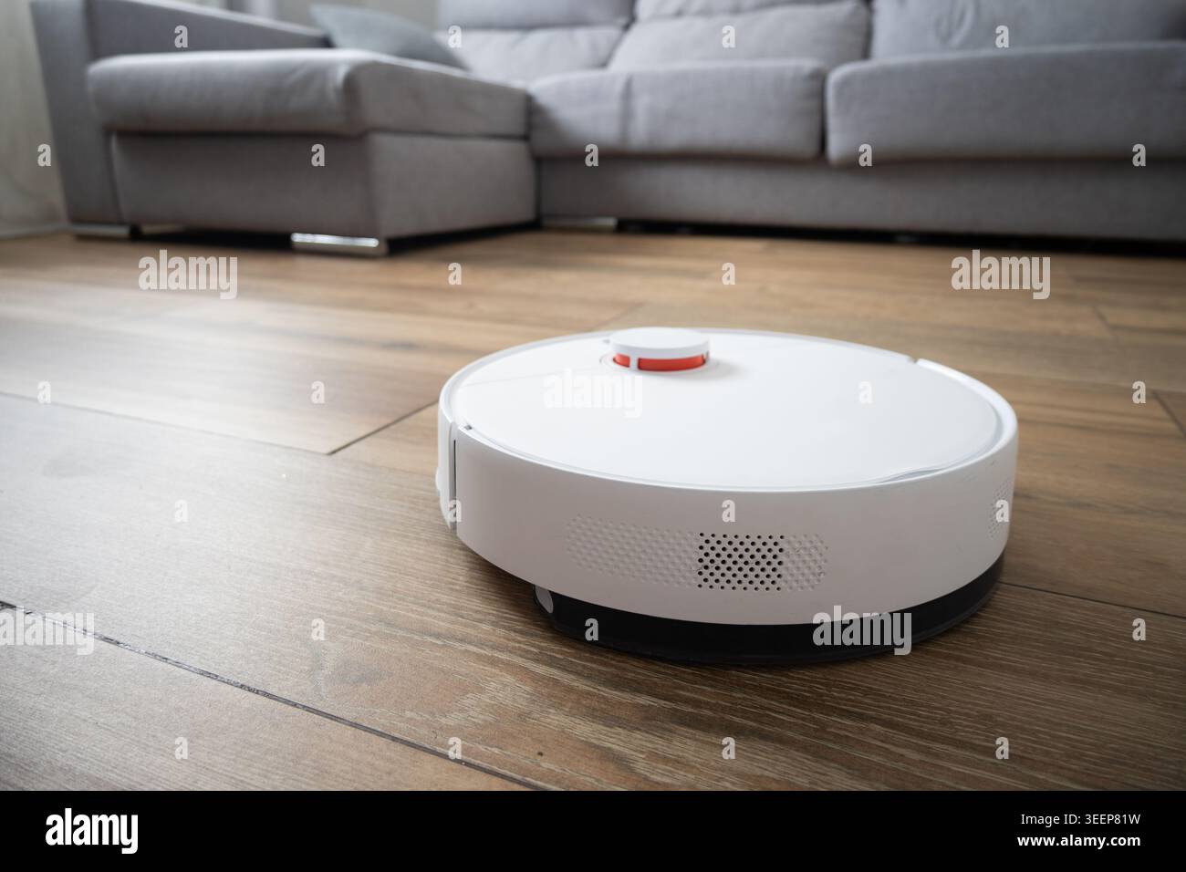 Robot vacuum cleaner cleaning wooden floor in modern living room Stock ...