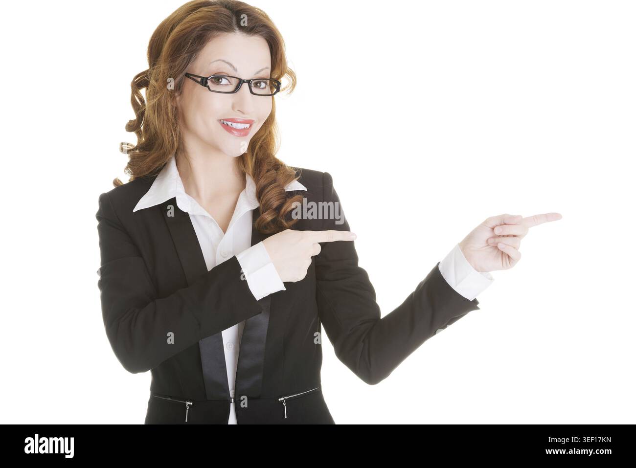 Happy success business woman pointing on copy space, isolated on white ...