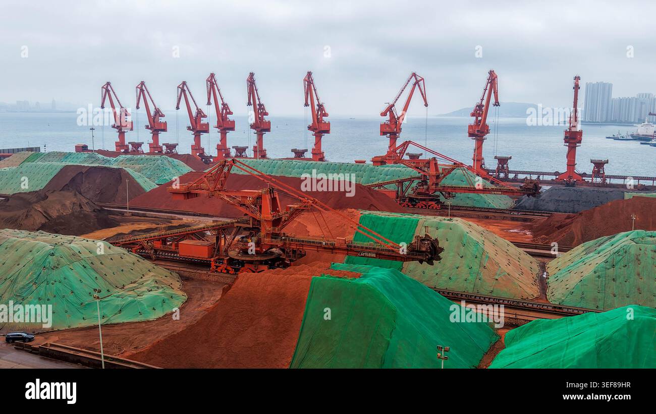 Workers handle cargo at the iron ore terminal of Qingdao Port in east ...