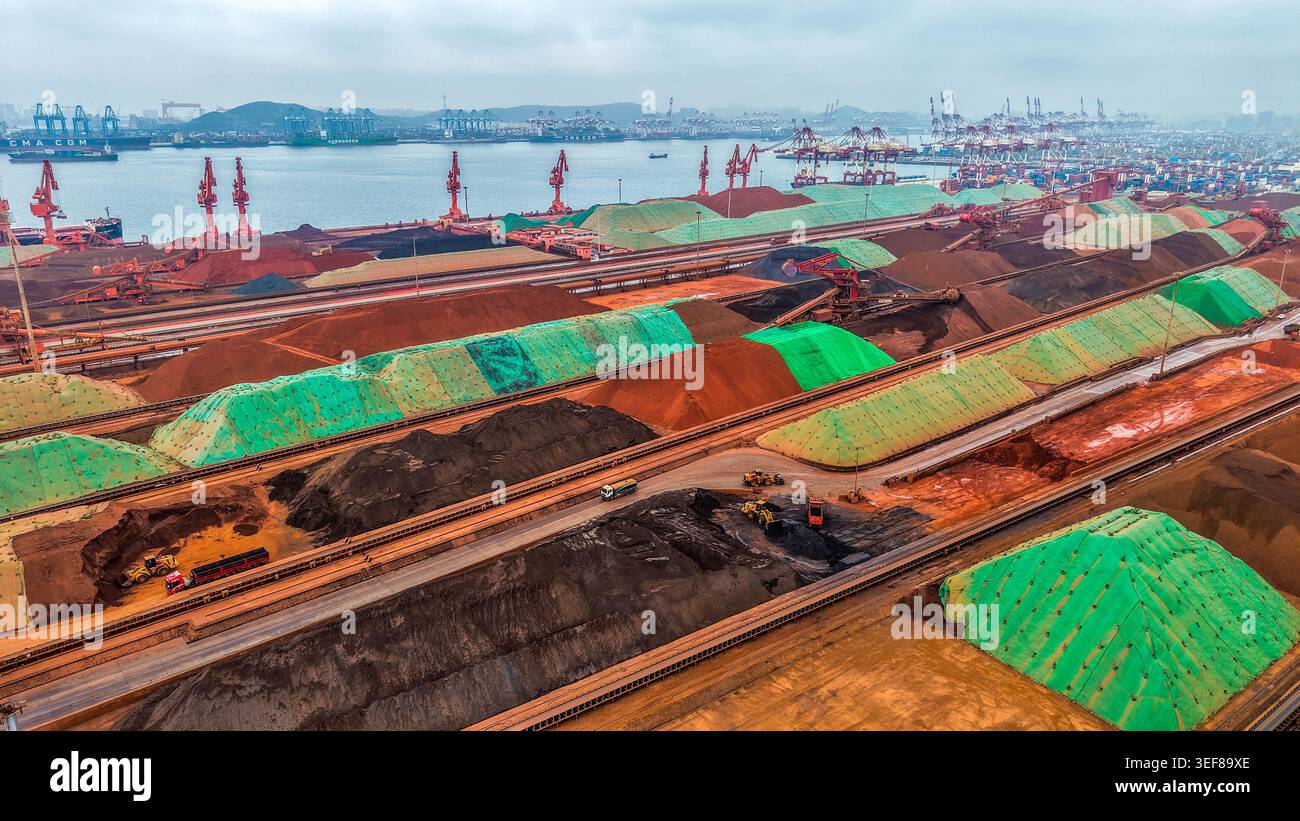 Workers handle cargo at the iron ore terminal of Qingdao Port in east ...
