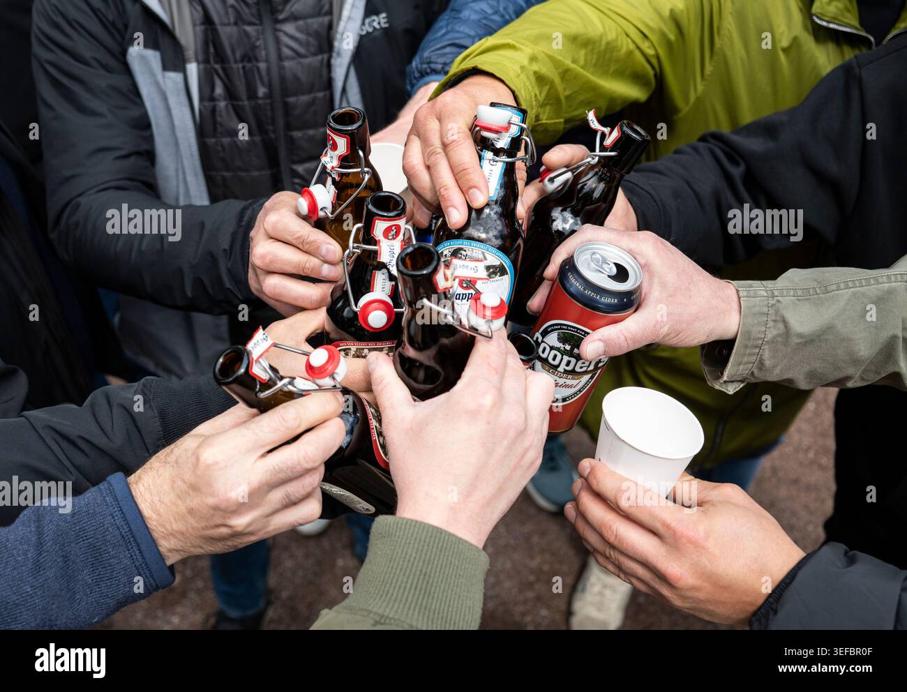14 May 2026, Hesse, Bad Soden: Celebrating men toast with drinks in ...