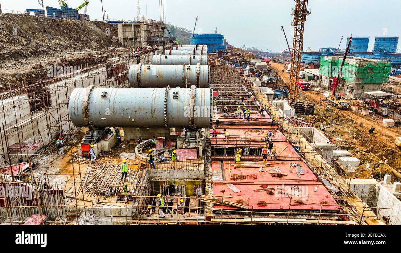 Morowali, Indonesia - Feb 18, 2026: Workers installing rotary kiln ...