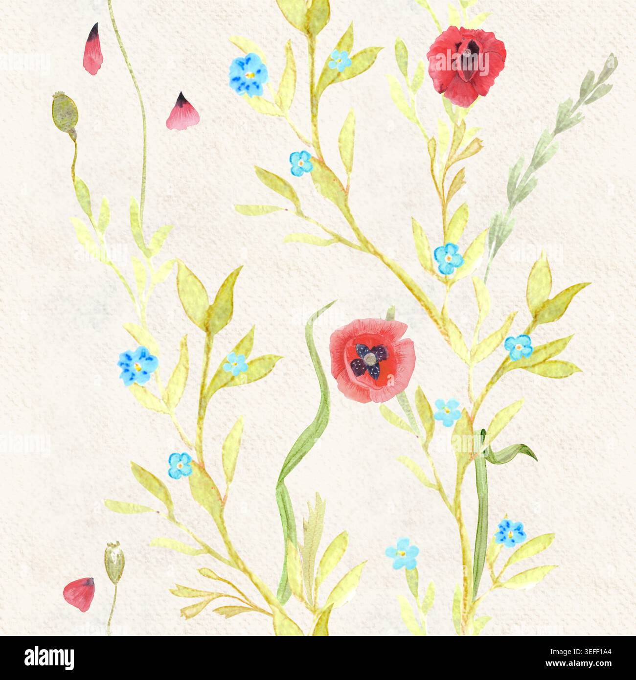 Watercolor poppy and forget-me-not seamless pattern, delicate floral ...