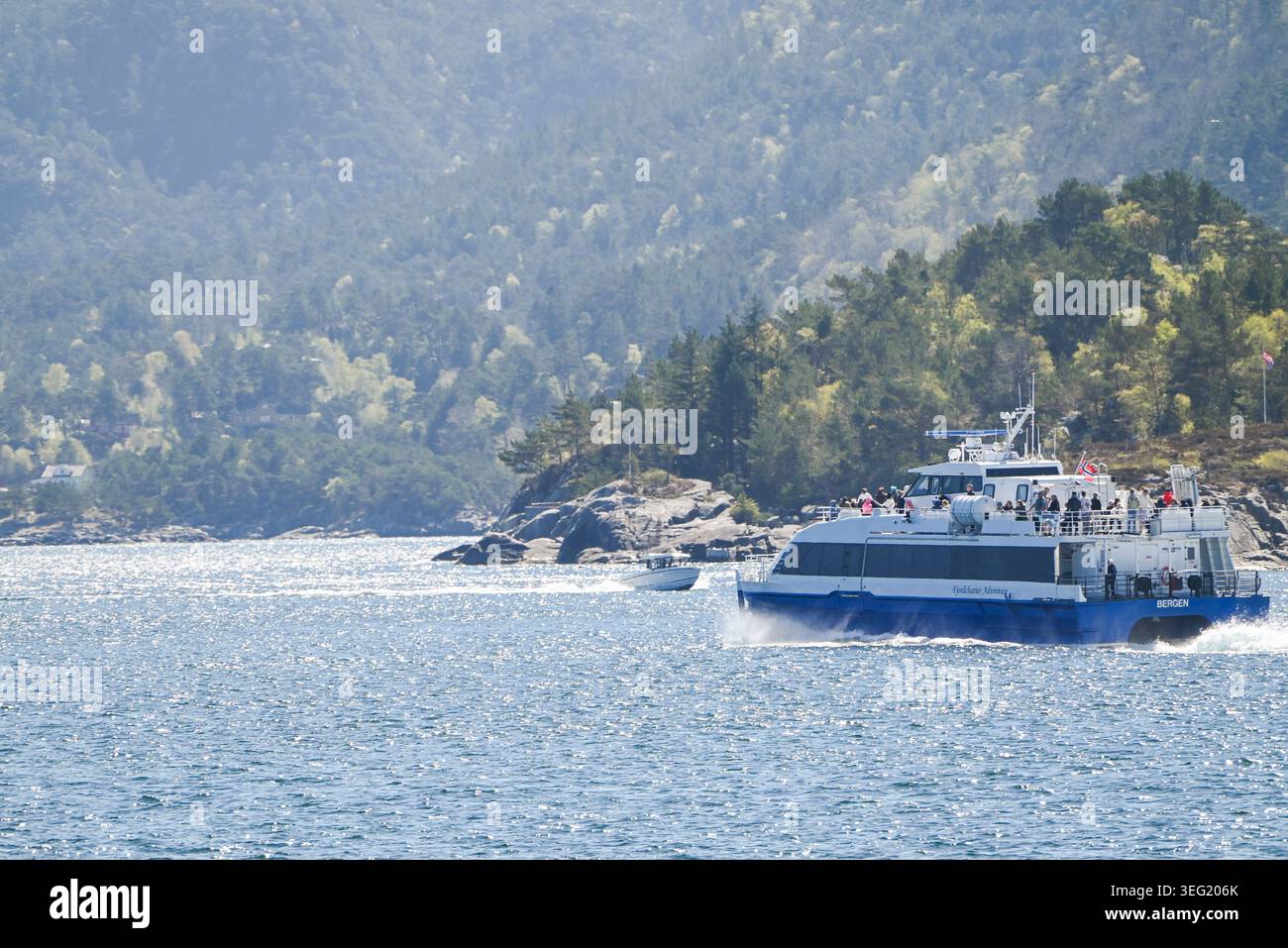 LYSEFJORD, NORWAY - 1 MAY 2026: A passenger catamaran ferry carrying ...