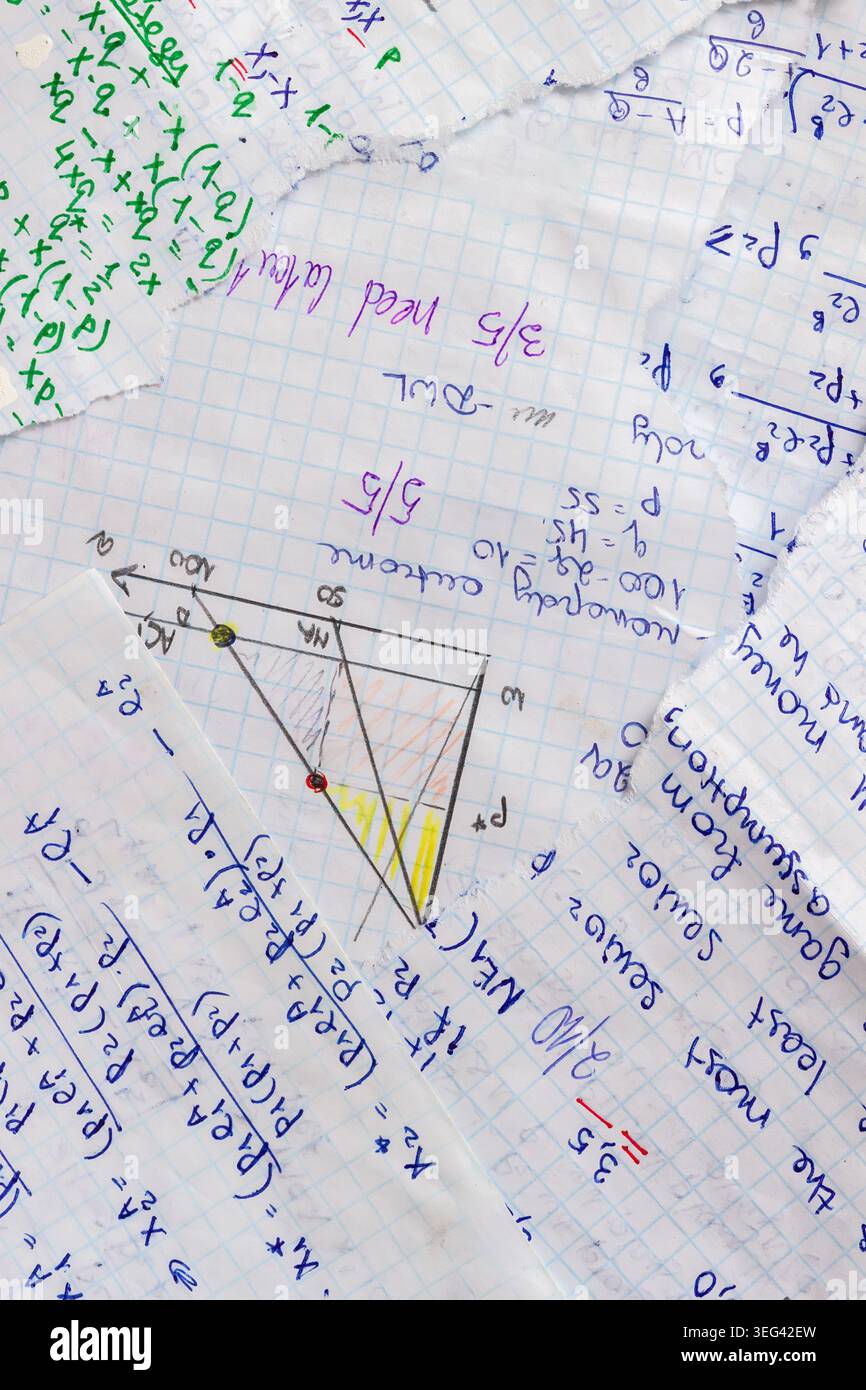 Math notes on torn graph paper show formulas, fractions, geometry ...