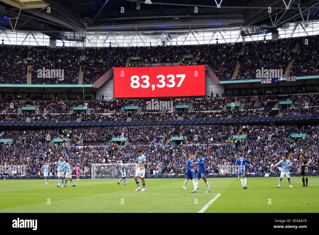 The electronic scoreboard shows the attendance of 83,337 at the ...