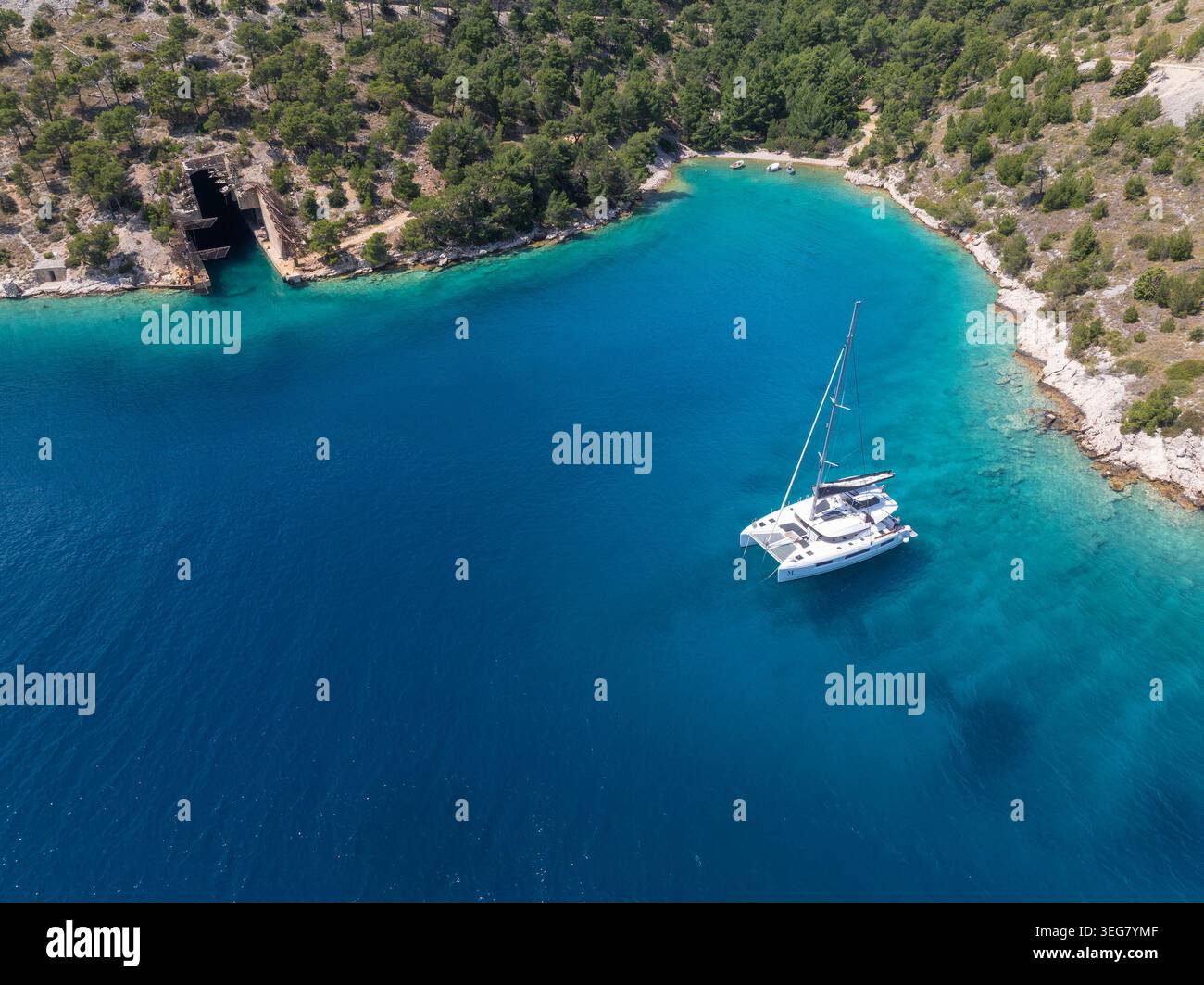 Aerial View of Catamaran Anchored in Turquoise Adriatic Cove, Croatia ...