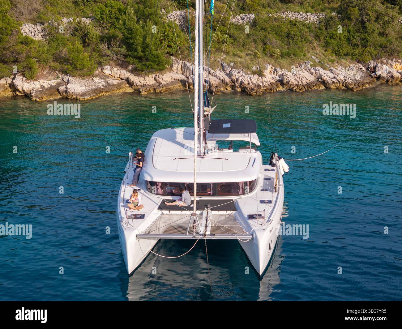 Aerial View of Catamaran Anchored in Turquoise Adriatic Cove, Croatia ...
