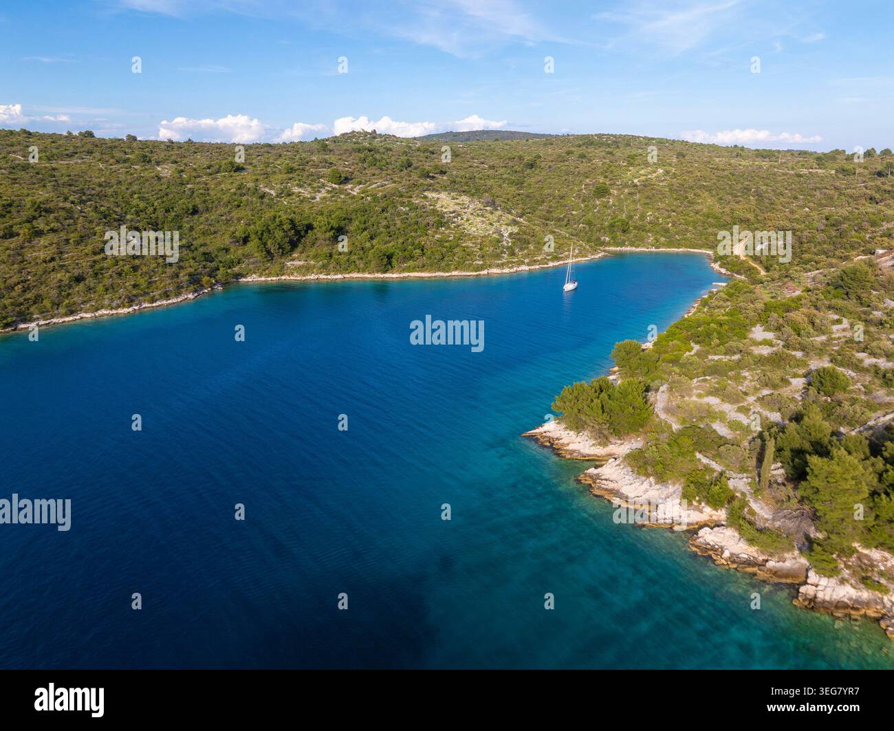 Aerial View of Catamaran Anchored in Turquoise Adriatic Cove, Croatia ...