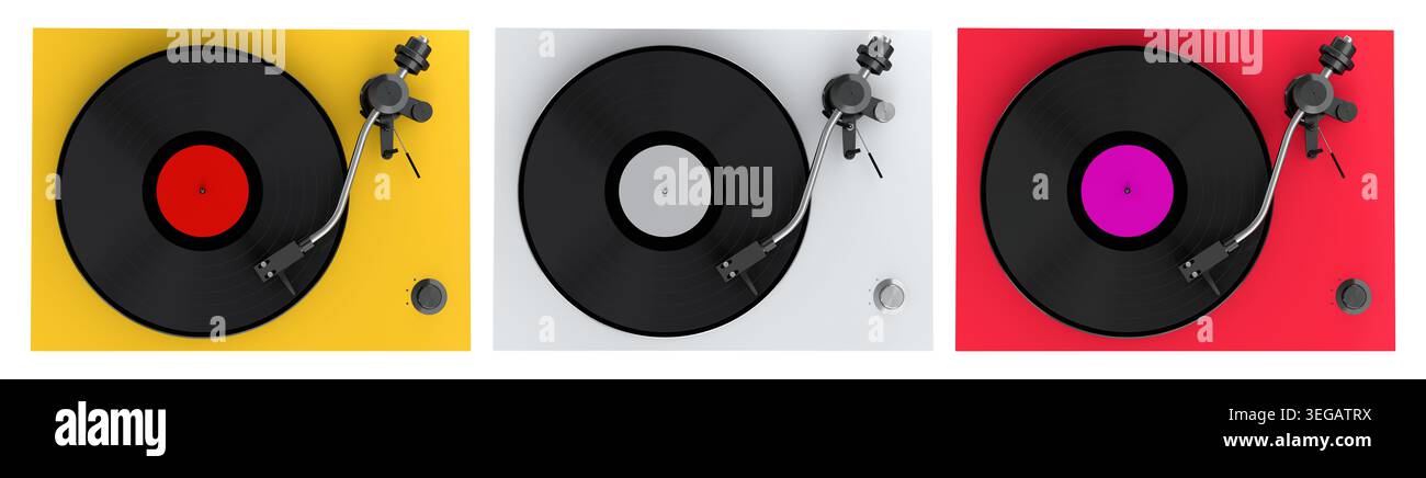 Set of colorful vinyl record players with black tonearms and vinyl ...