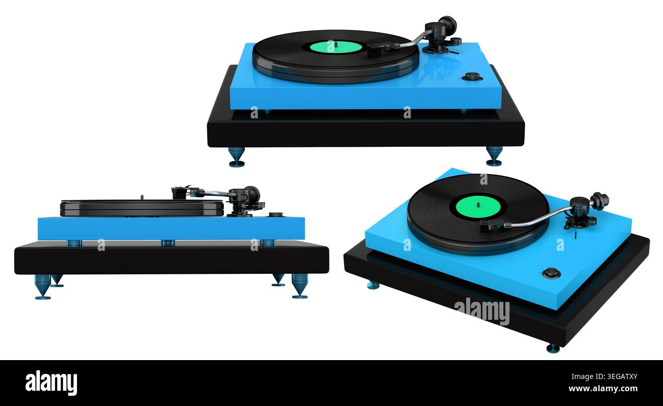 Set of colorful vinyl record players with black tonearms and vinyl ...