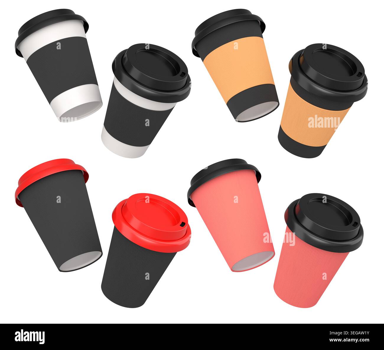 Multiple disposable coffee cups with black lids isolated on white ...