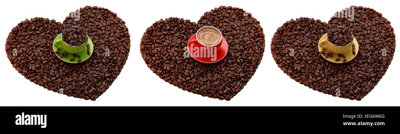 Set of colorful coffee cups on heart-shaped piles of coffee beans ...