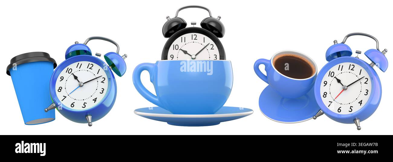 Colorful alarm clocks paired with matching takeaway coffee cups ...