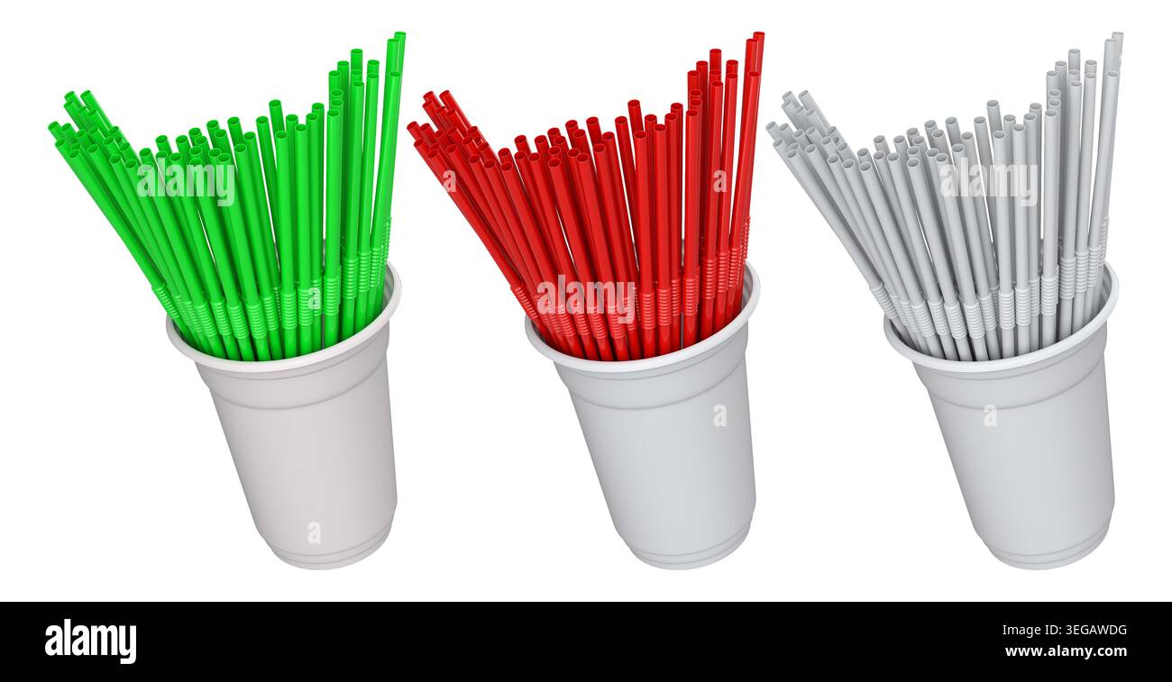 Multiple colorful plastic straws arranged in plastic cups isolated on ...