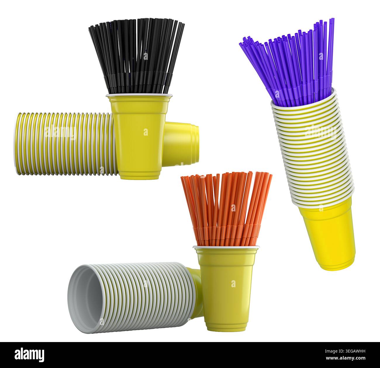 Multiple colorful plastic straws arranged in plastic cups isolated on ...