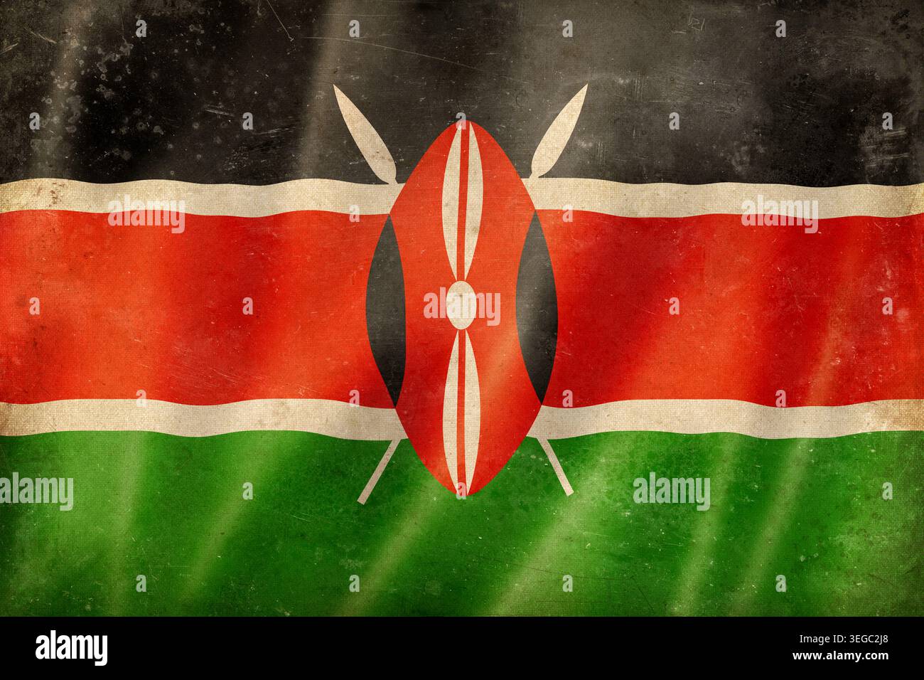 Old waving Kenyan flag, worn, stained, and crumpled. Textured canva ...