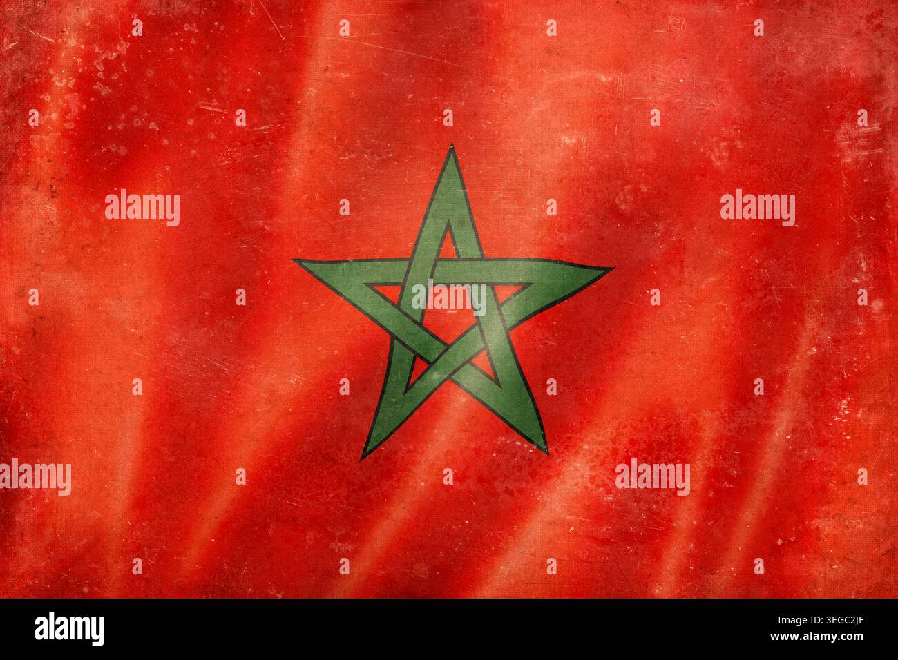 Old waving Moroccan flag, worn, stained, and crumpled. Textured canva ...