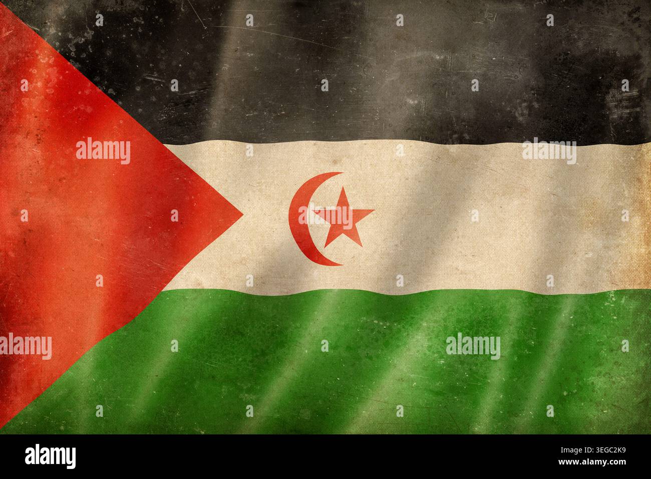 Old waving Sahrawi flag, worn, stained, and crumpled. Textured canva ...