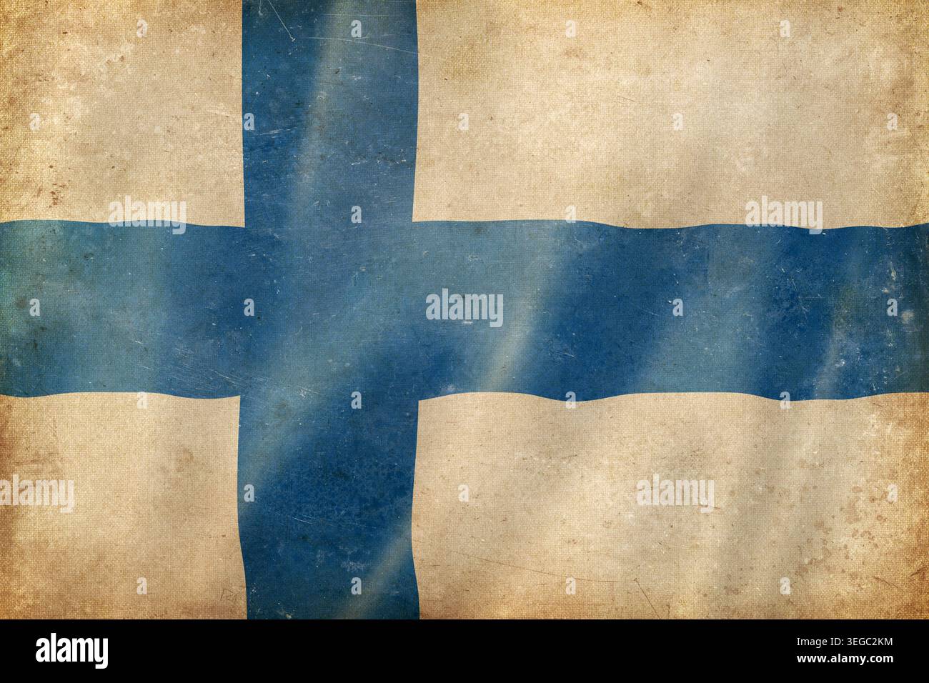 Old waving Finnish flag, worn, stained, and crumpled. Textured canva ...