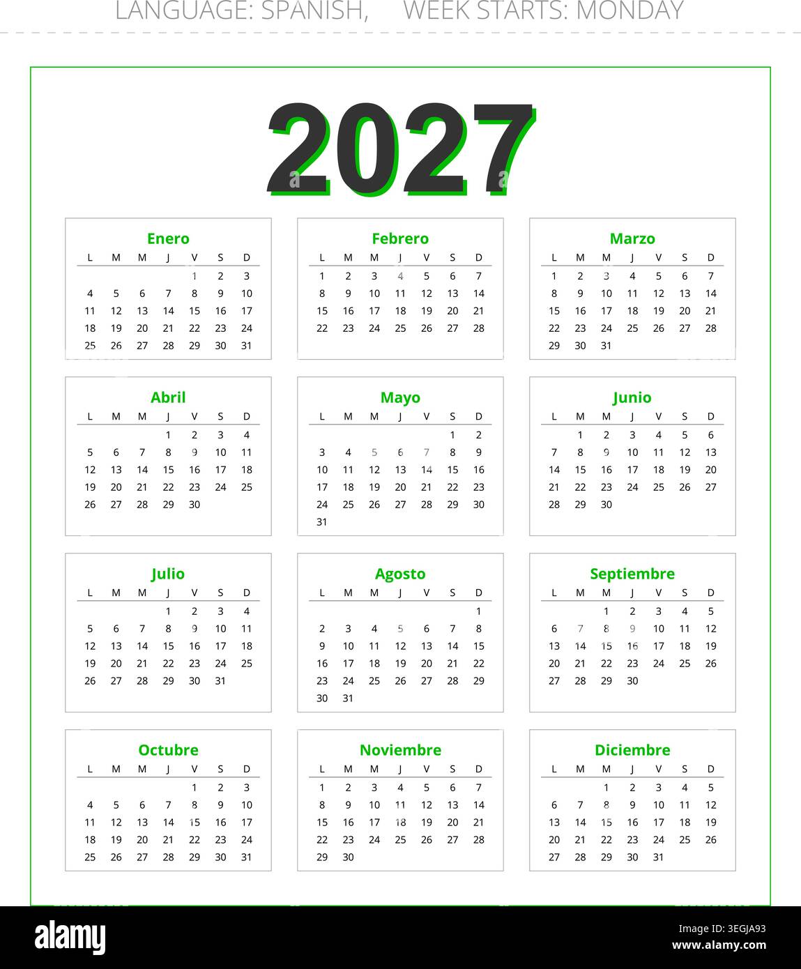 Modern 2027 spanish vector calendar for Spain with simple yearly layout ...