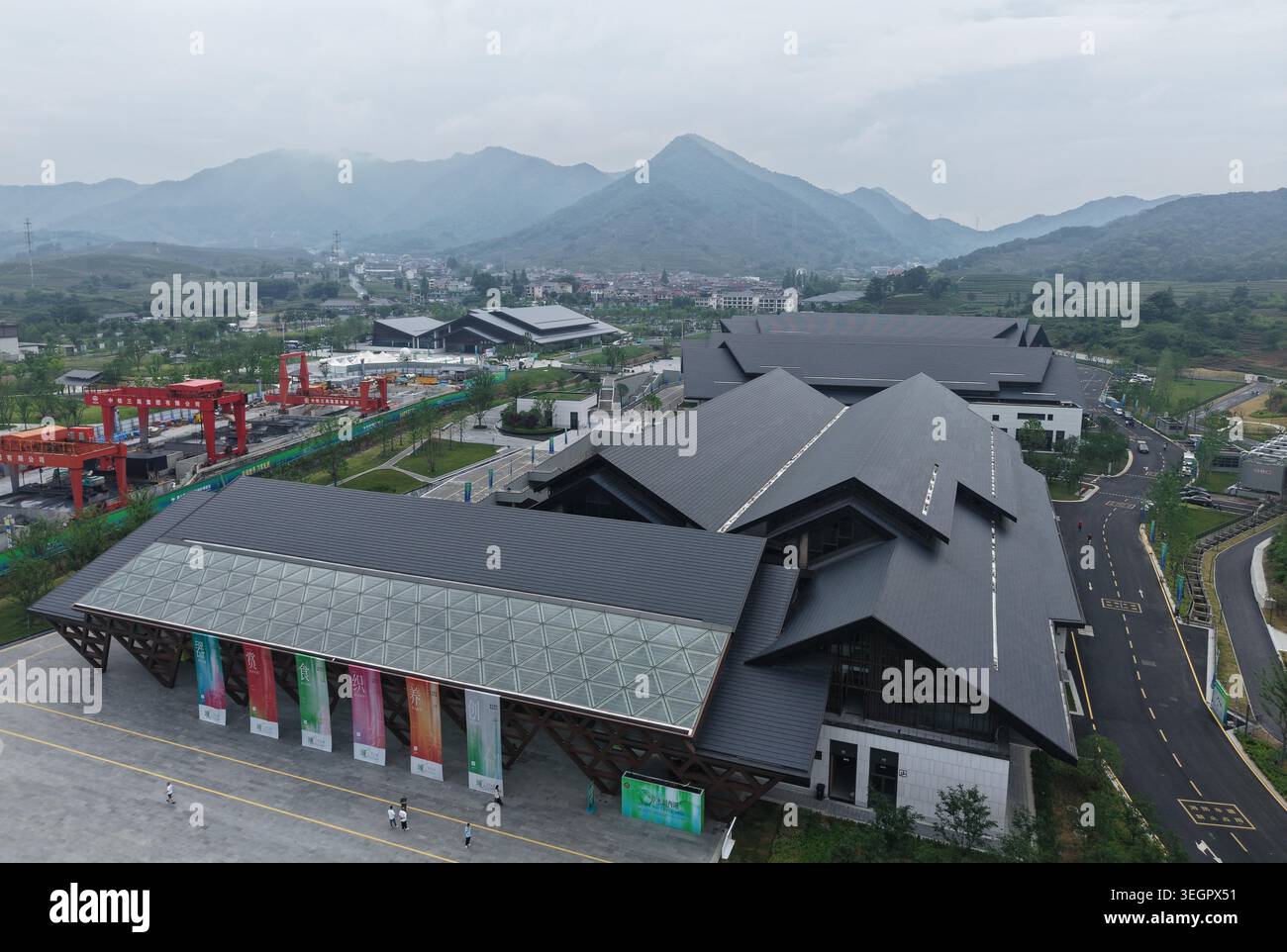 An aerial view shows the newly opened Hangzhou Tea Expo Convention and ...