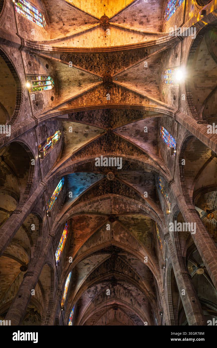Low angle view of the vaulted ceiling of Palma Cathedral in Mallorca ...