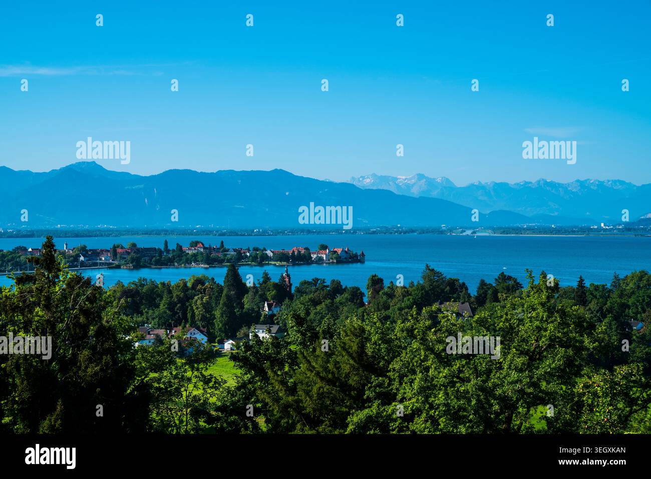 Germany, Beautiful aerial landscape above Lindau city and Austrian Alps ...