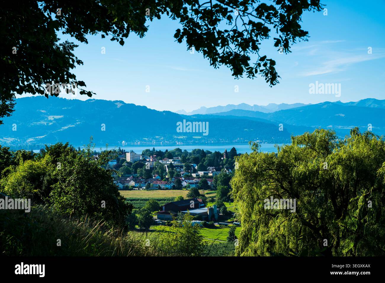 Germany, Aerial morning view above Lindau old town island and Austrian ...