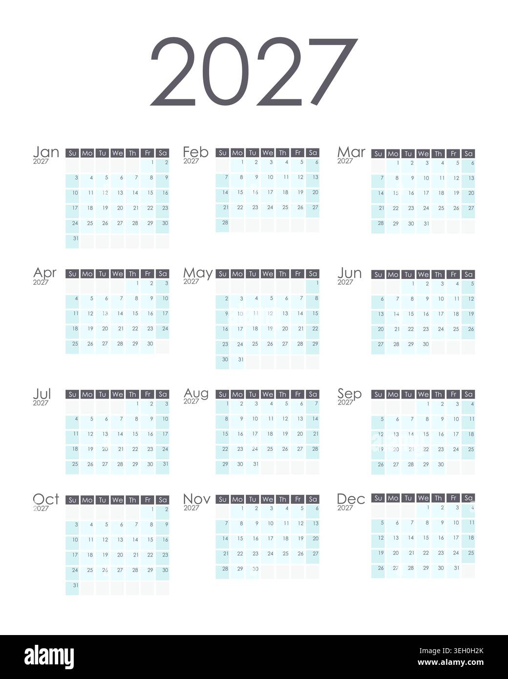 Calendar 2027 vertical. Week starts on Sunday. Vector design Stock ...