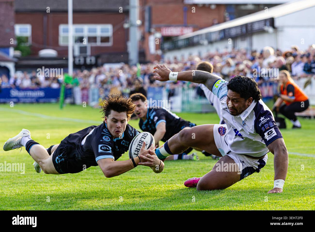 Bedford, England, 22 May 2026 Tom Bacon of Coventry Rugby falls to ...