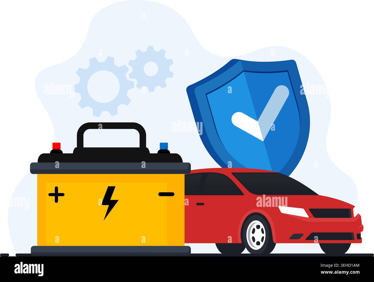 Vector graphic showing a lead-acid car battery, a red sedan, and a blue ...