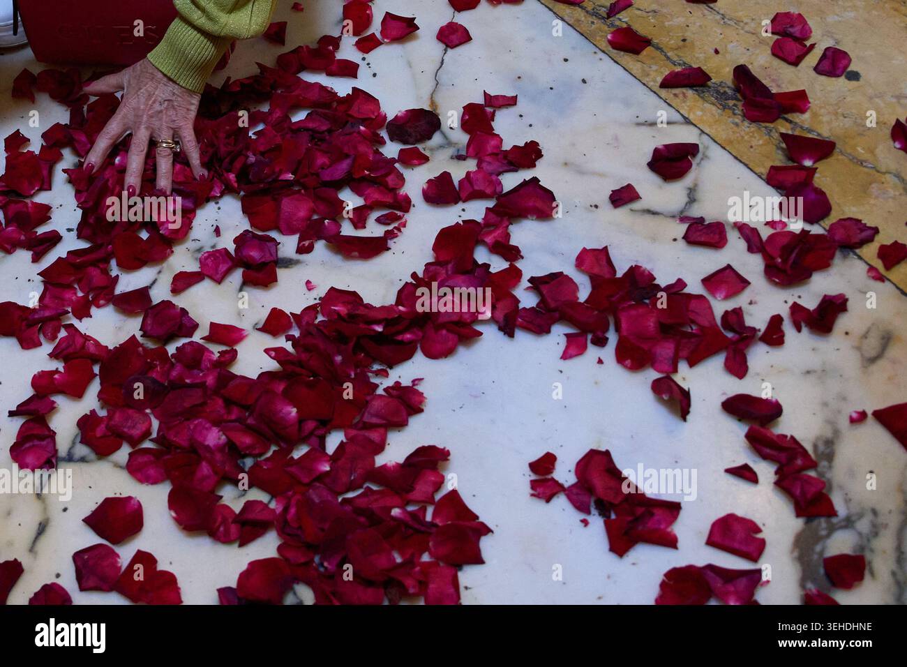 A woman collects red rose petals that were dropped through opening at ...