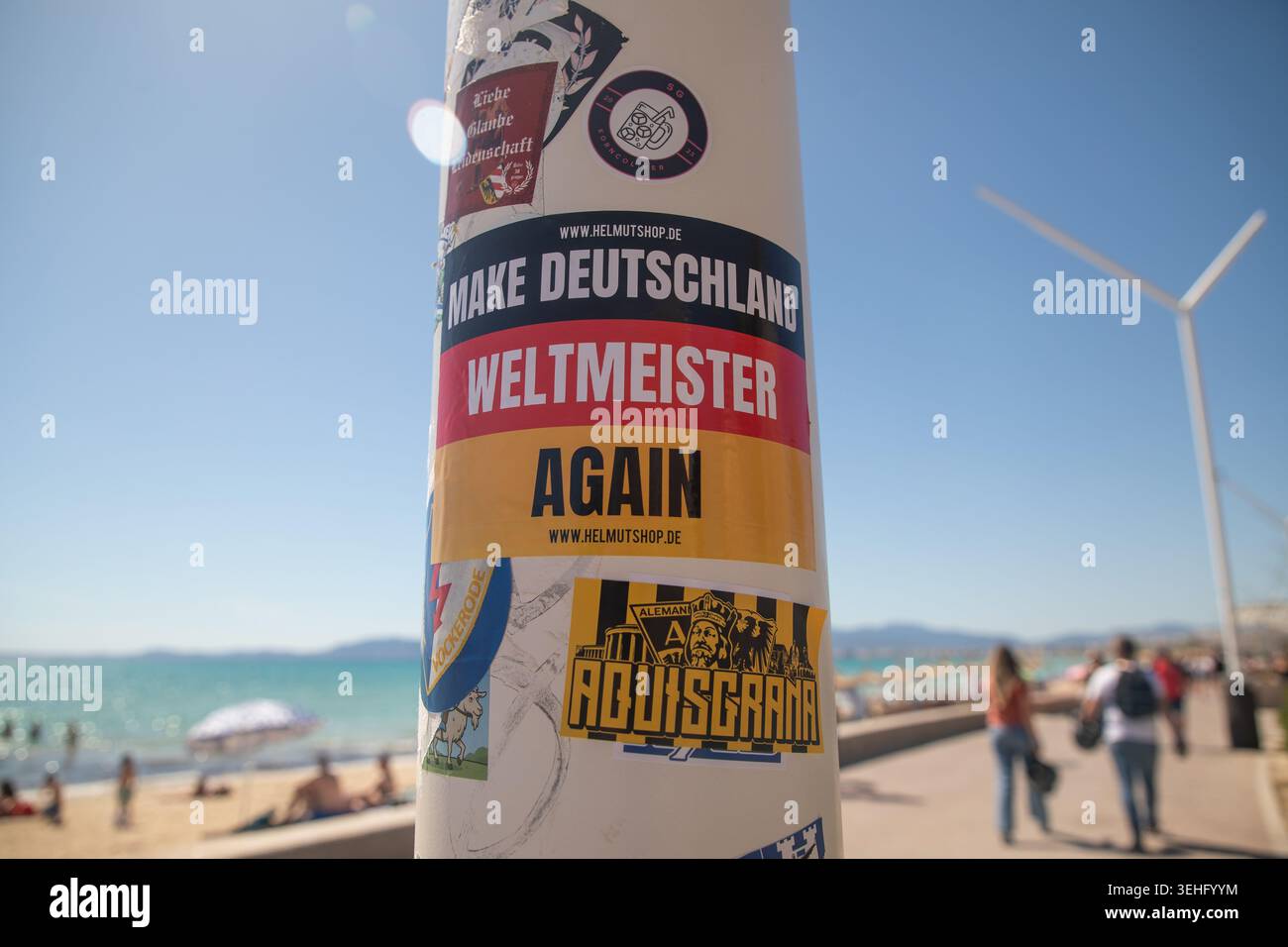 24 May 2026, Spain, Palma: A sticker with the slogan "Make Germany ...