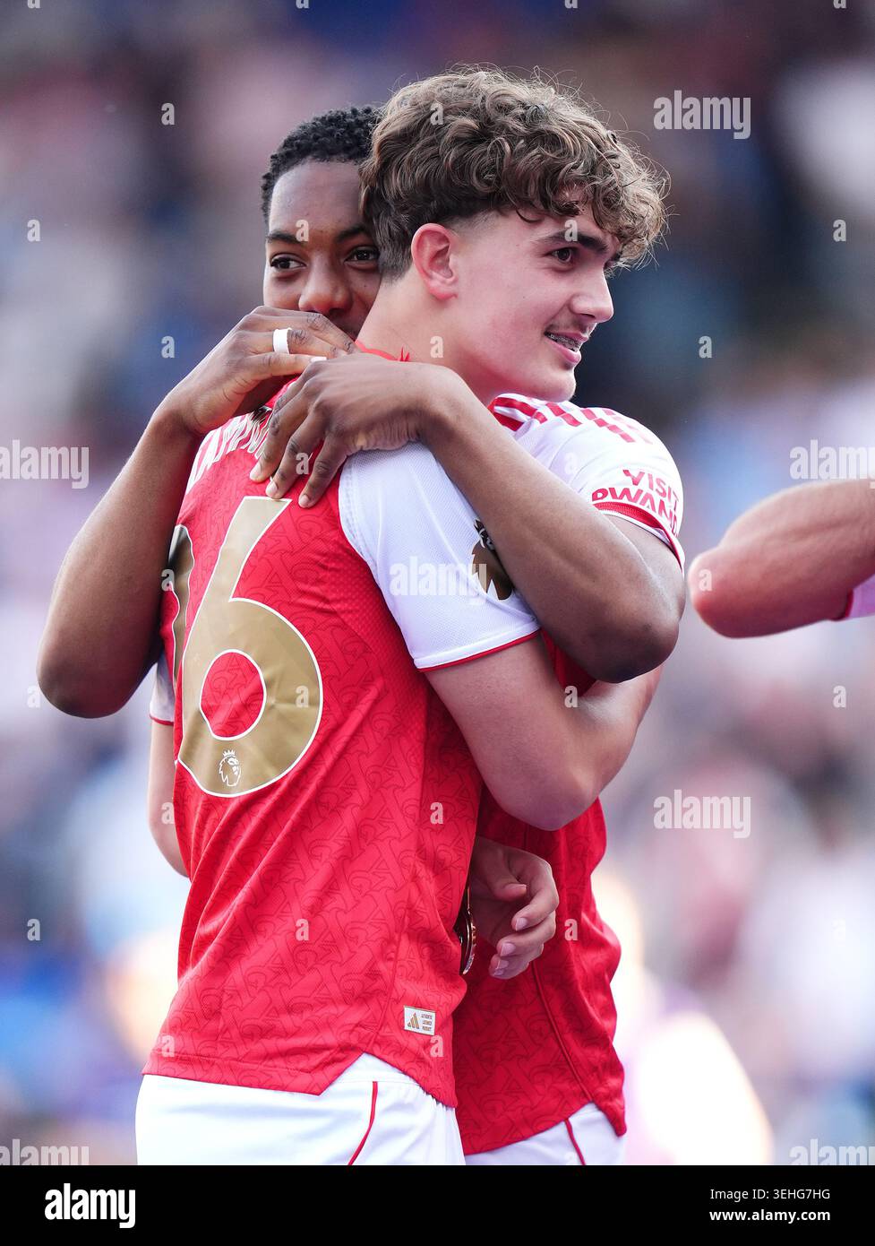 Arsenal's Max Dowman (left) and Myles Lewis-Skelly after the Premier ...
