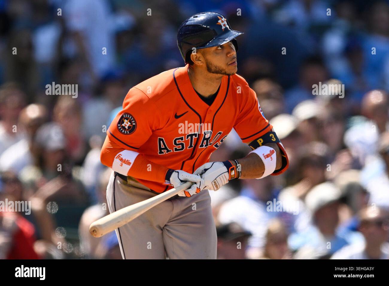 Houston Astros' Jeremy Pena watches his two-run single during the fifth ...