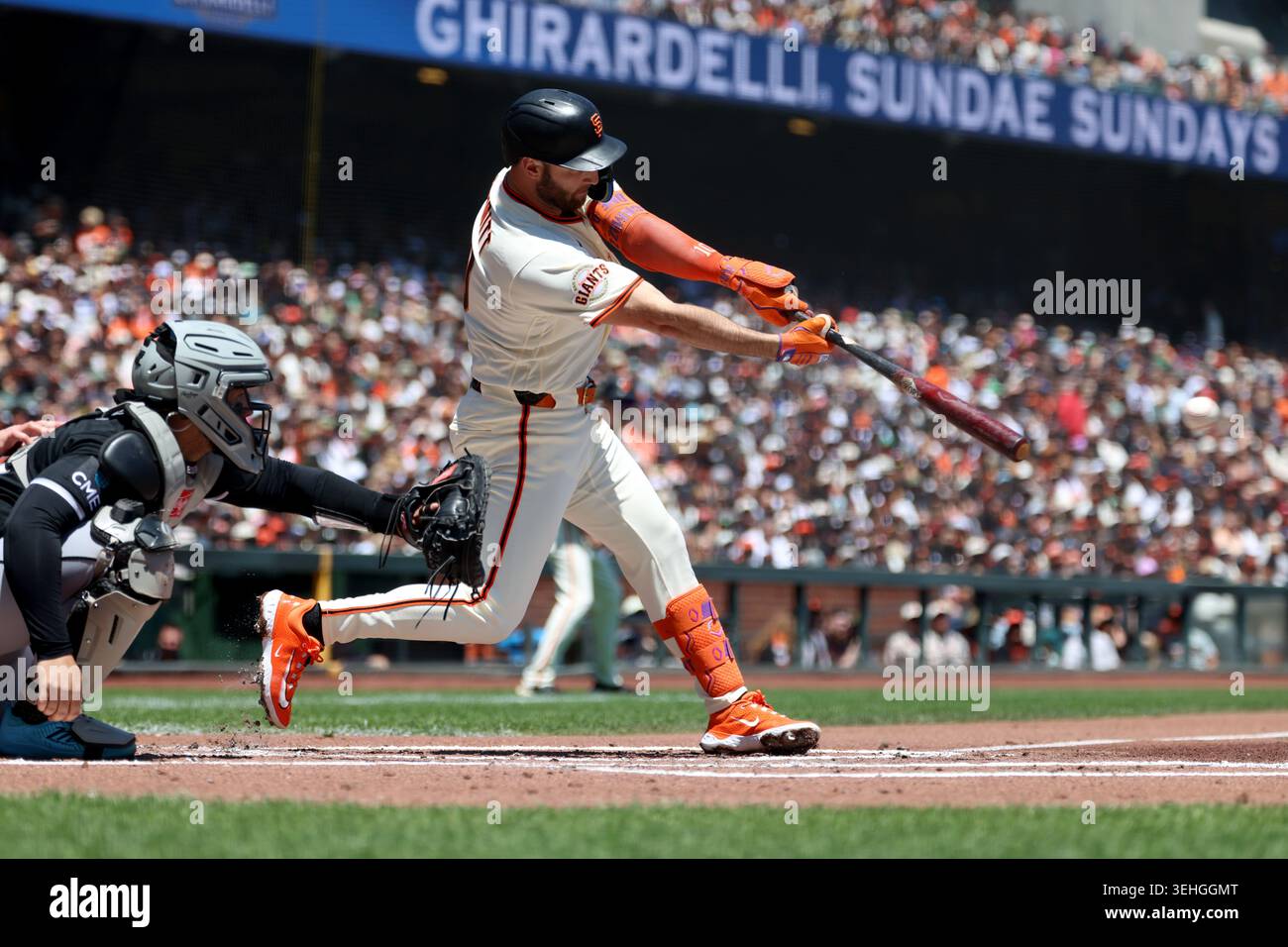 San Francisco Giants' Casey Schmitt, right, hits an RBI double in front ...