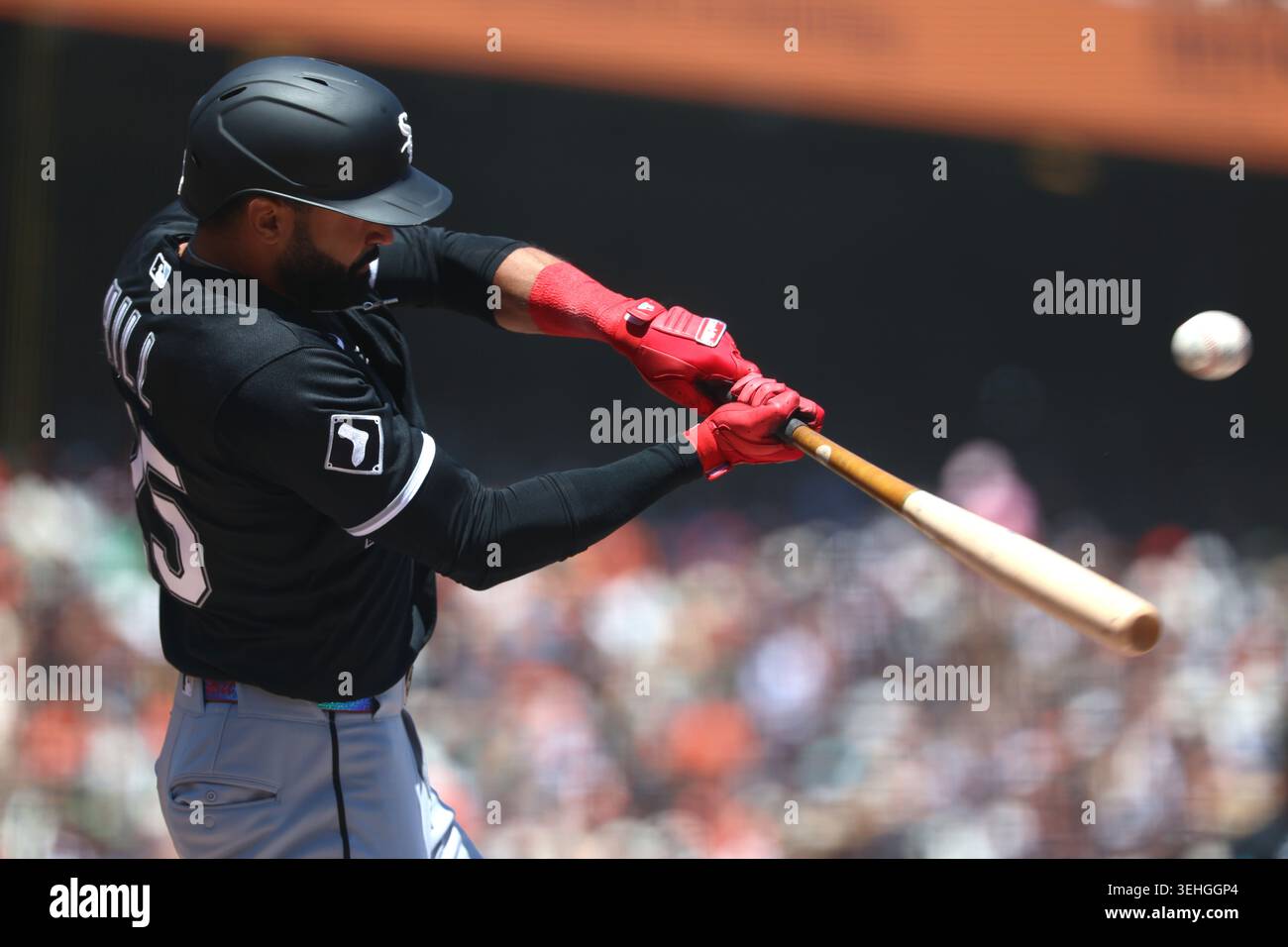 Chicago White Sox's Derek Hill hits a double during the second inning ...