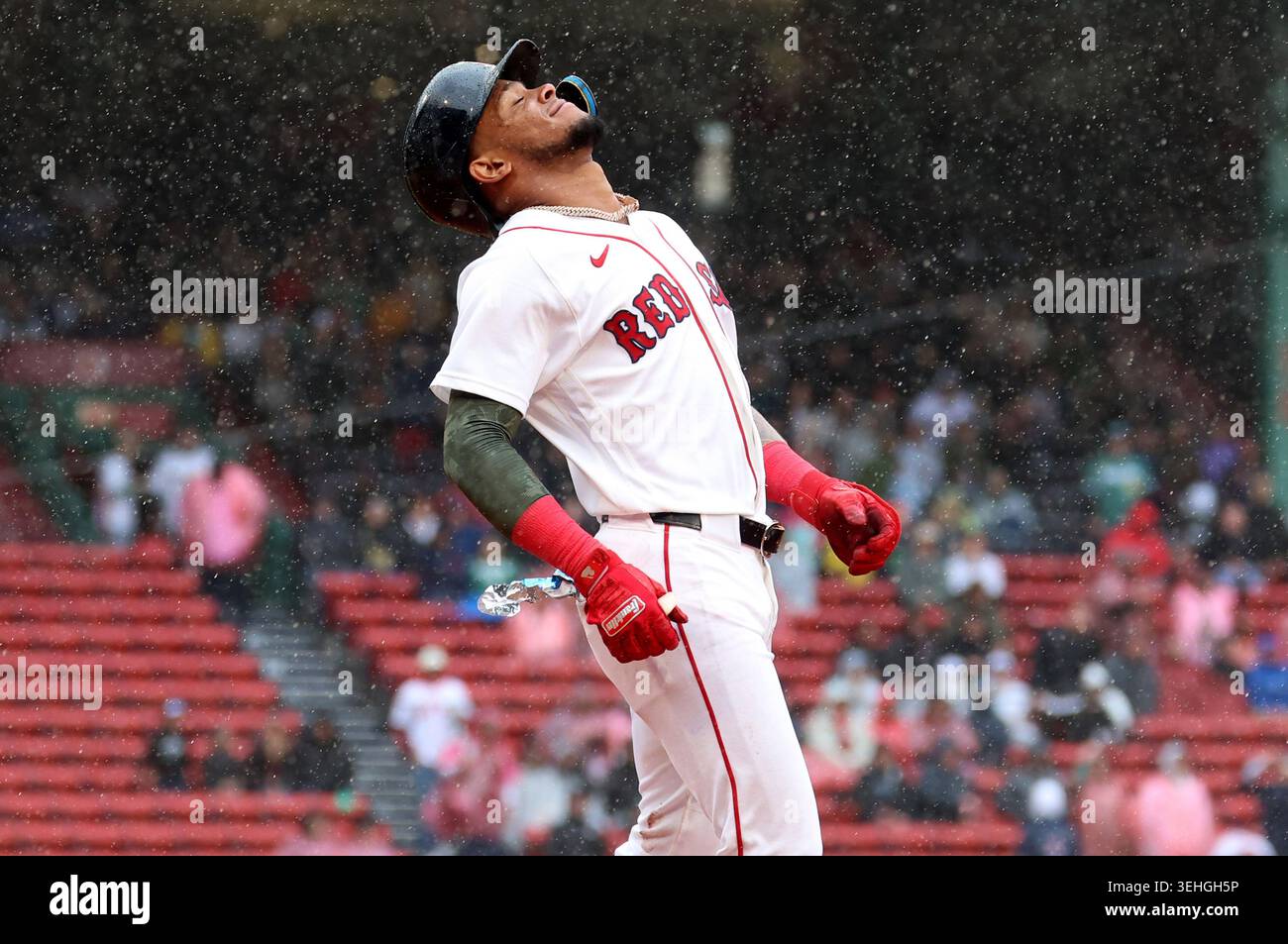 Boston Red Sox's Ceddanne Rafaela reacts after his high fly ball was ...