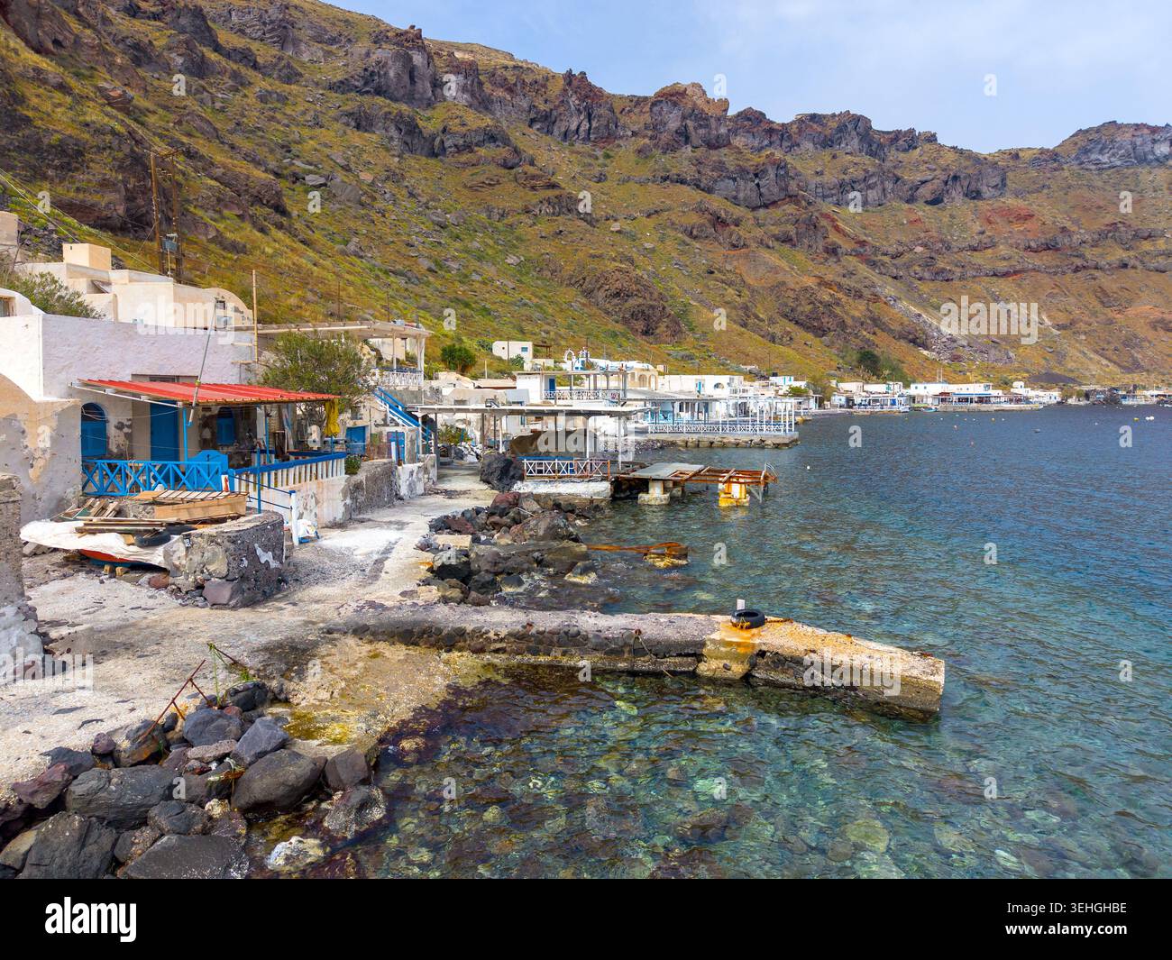 View of Therasia port, Manolas, Korfos beach, also known as Thirasia ...