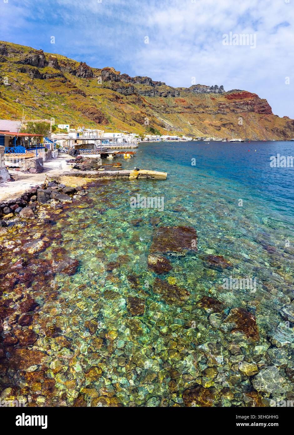 View of Therasia port, Manolas, Korfos beach, also known as Thirasia ...