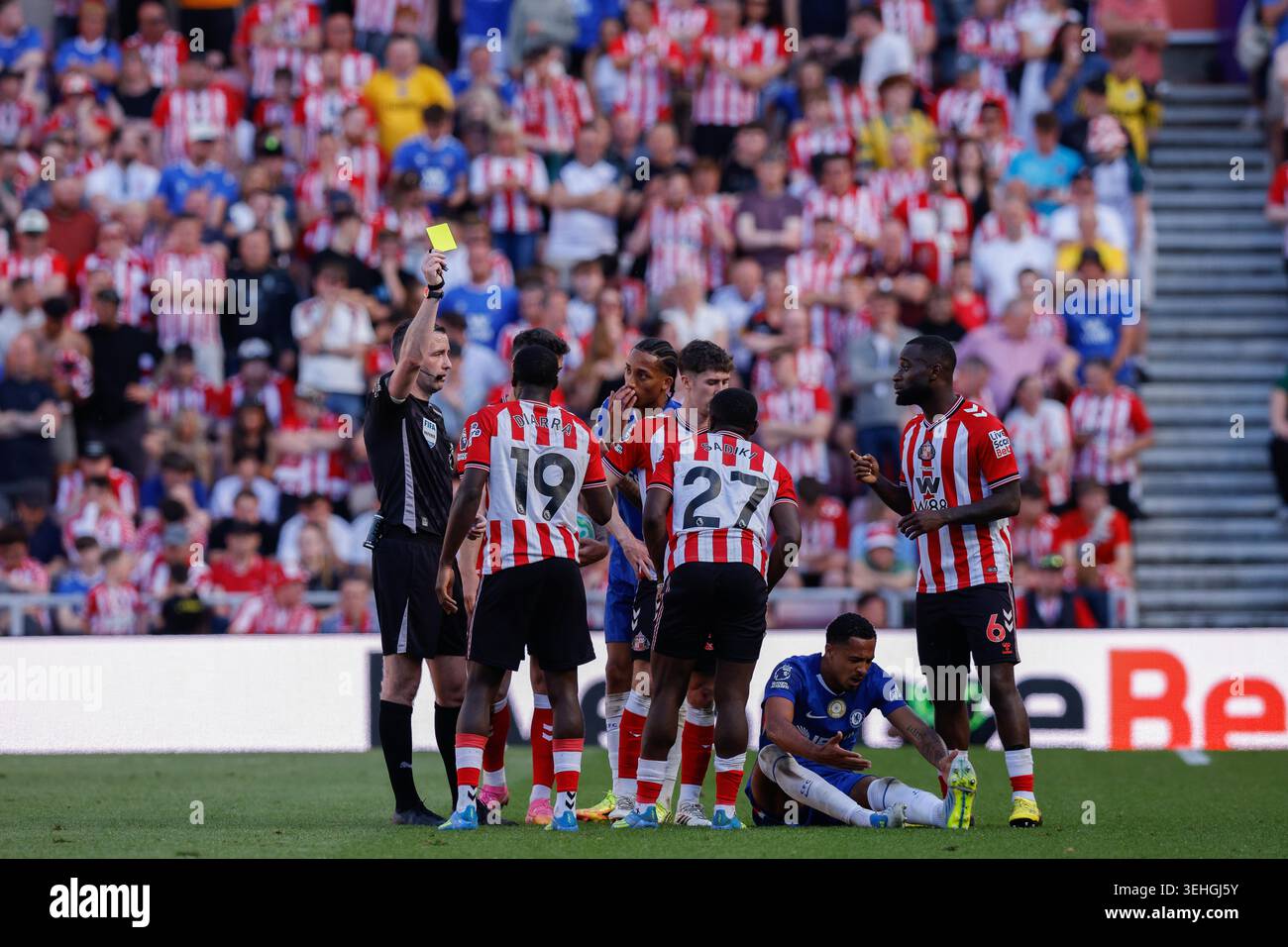 Noah Sadiki of Sunderland is shown a yellow card during the Sunderland ...