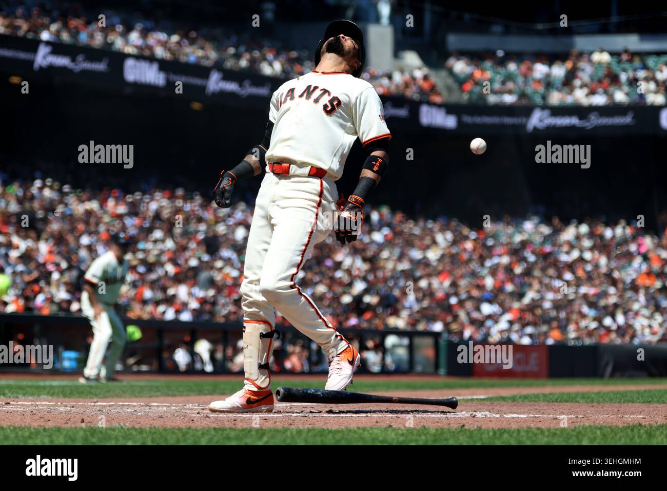 San Francisco Giants' Luis Arraez is hit by a pitch during the fifth ...