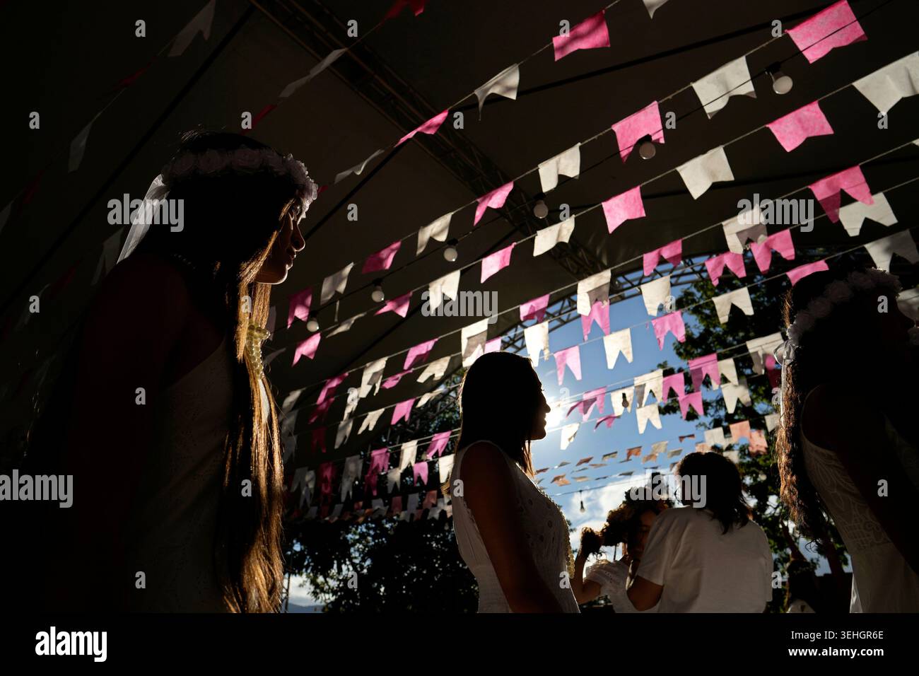 Flag-bearing revelers prepare for a procession during the Holy Spirit ...