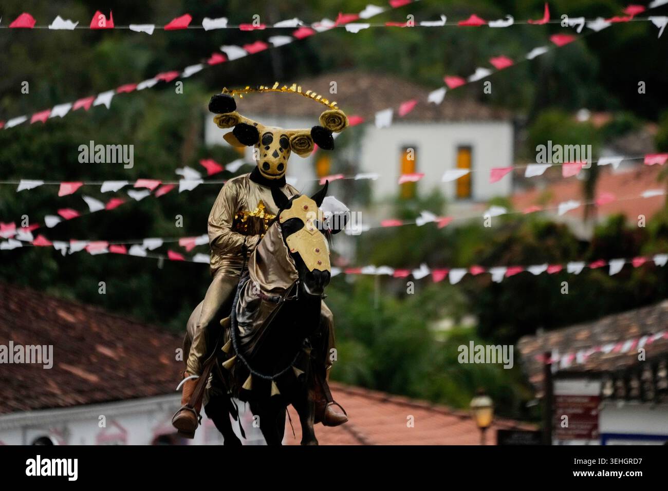 A reveler wearing a traditional bull-head mask parades during the ...