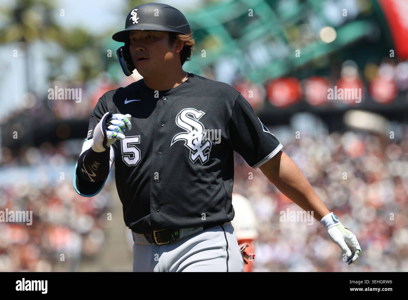 Chicago White Sox's Munetaka Murakami (5) walks back to the dugout ...